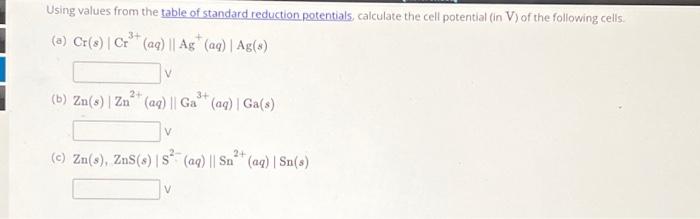 Solved Using values from the table of standard reduction | Chegg.com