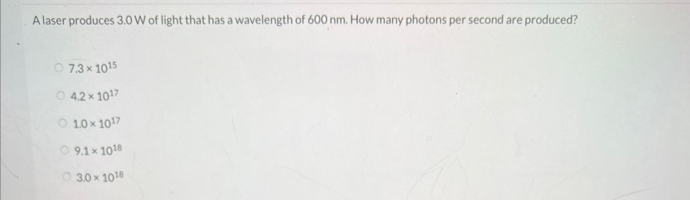 Solved A laser produces 3.0W ﻿of light that has a wavelength | Chegg.com