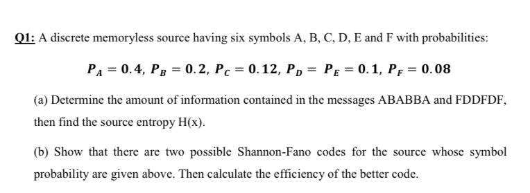 Solved Q1: A discrete memoryless source having six symbols | Chegg.com