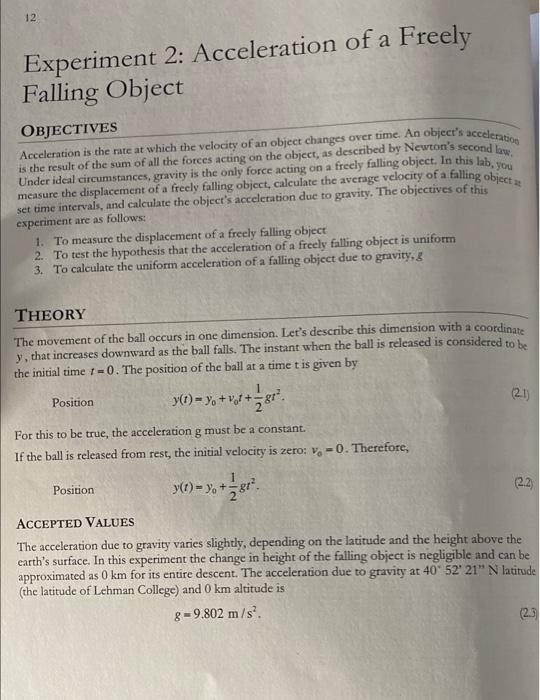 Solved 12 Experiment 2: Acceleration of a Freely Falling | Chegg.com