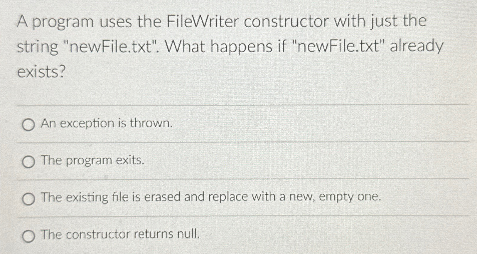 Solved A program uses the FileWriter constructor with just | Chegg.com