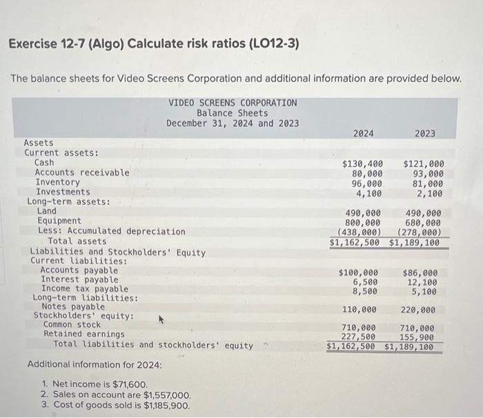 Solved Exercise 12−7 (Algo) Calculate risk ratios (LO12-3) | Chegg.com