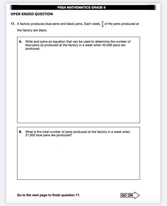 Solved PSSA MATHEMATICS GRADE 6 OPEN-ENDED QUESTION 17. A | Chegg.com