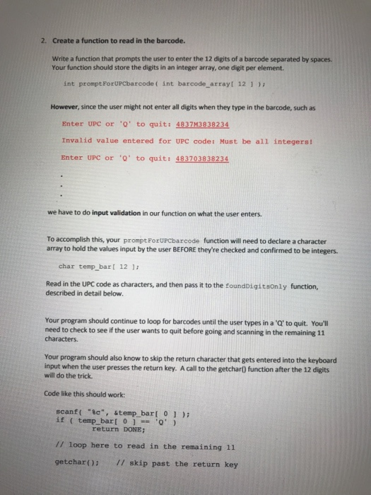 Solved 2. Create a function to read in the barcode. Write a | Chegg.com