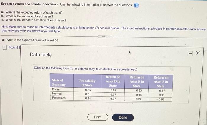 Solved Expected return and standard deviation Use the | Chegg.com