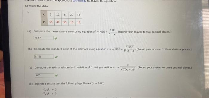 Solved Consider the data. (a) Compute the mean square error | Chegg.com