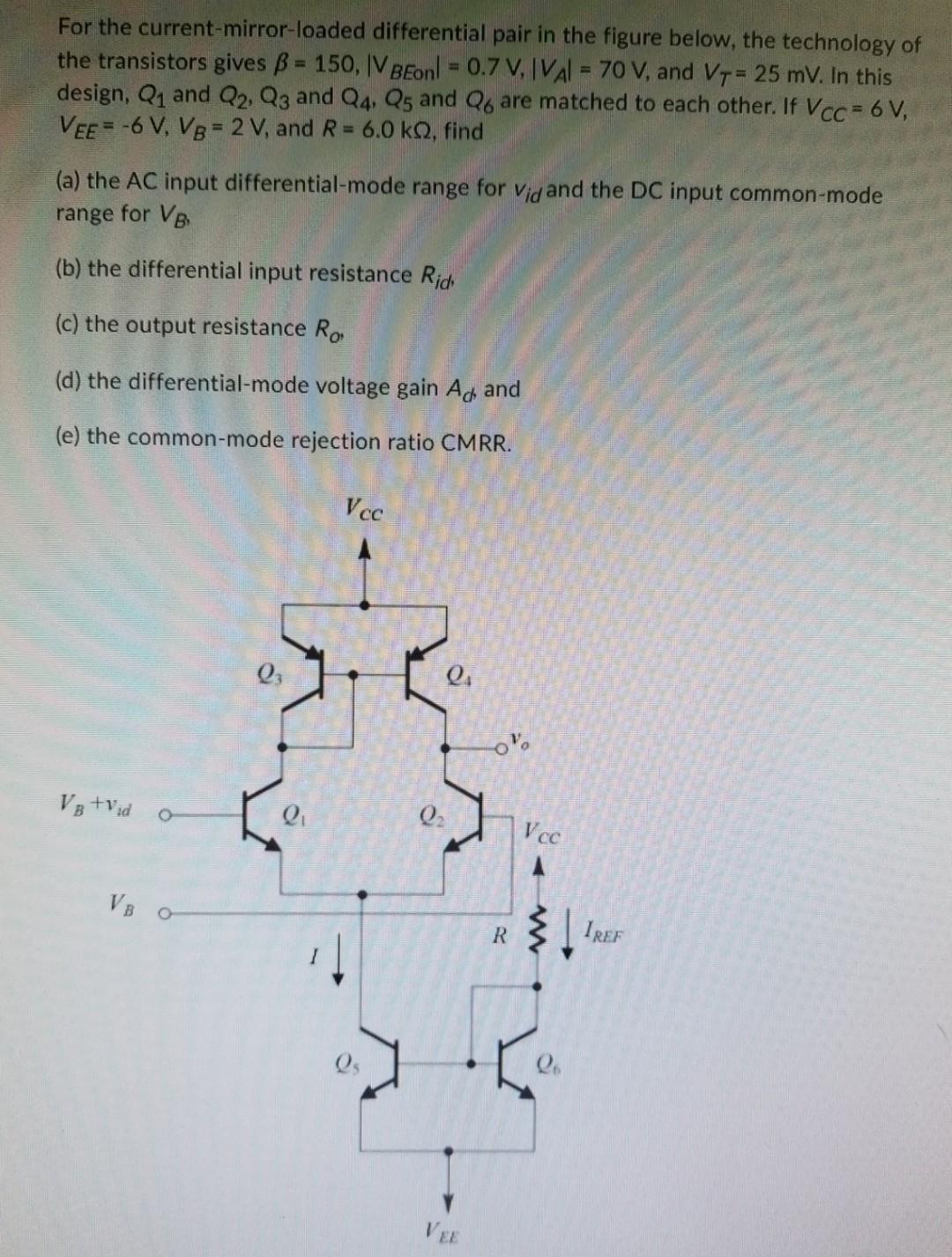Solved For the current-mirror-loaded differential pair in | Chegg.com
