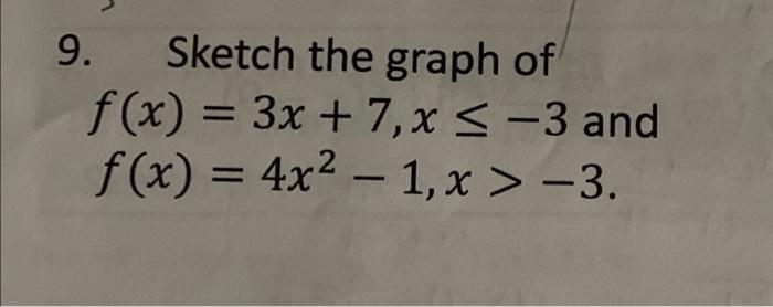 Solved 9. Sketch the graph of f(x) = 3x + 7, x ≤ -3 and f(x) | Chegg.com