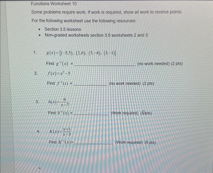 Solved Functions Worksheet 10 Some problems require work. If | Chegg.com