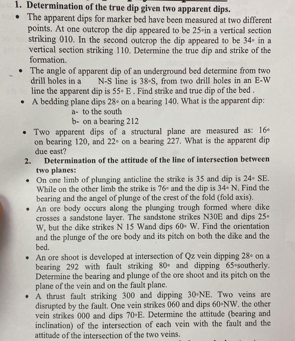 Solved 1. Determination of the true dip given two apparent | Chegg.com