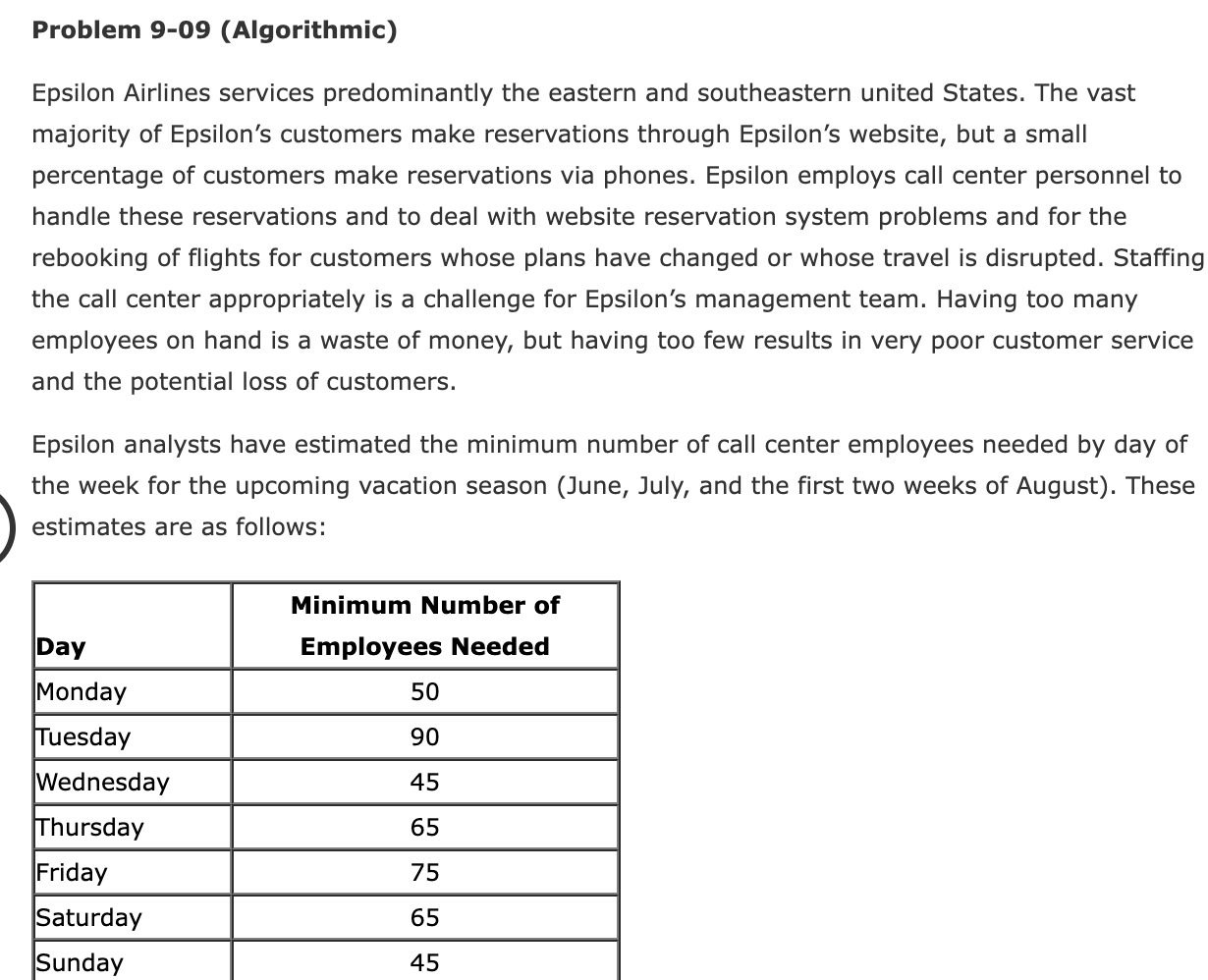 Solved Problem 9-09 (Algorithmic)Epsilon Airlines services | Chegg.com