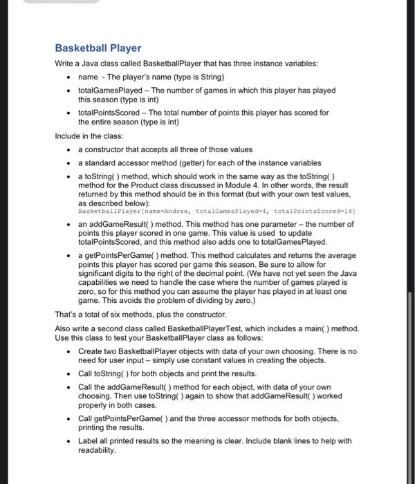 Solved Basketball Player Write a Java class called | Chegg.com