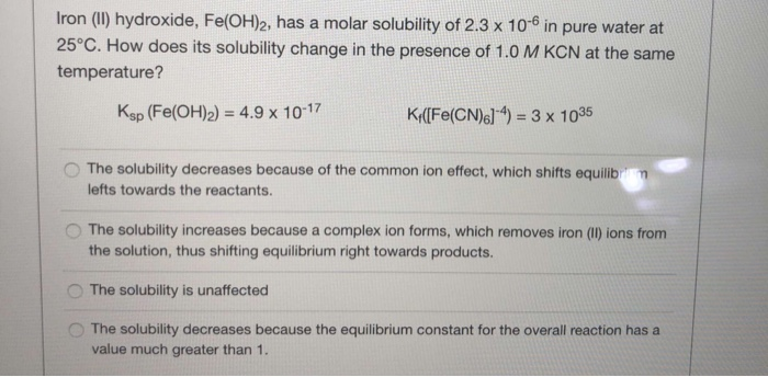 Solved Iron (II) hydroxide, Fe(OH)2, has a molar solubility | Chegg.com