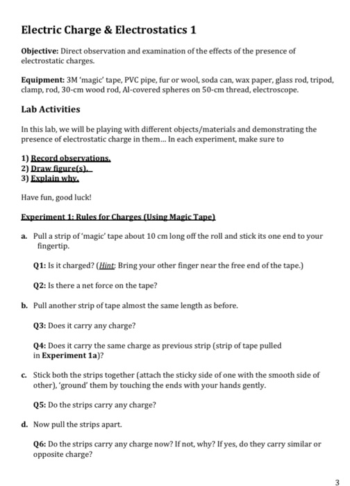 Solved Electric Charge & Electrostatics 1 Objective: Direct | Chegg.com