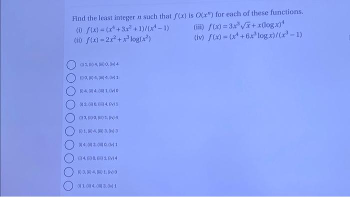 Solved Find the least integer n such that f(x) is O(xn) for | Chegg.com