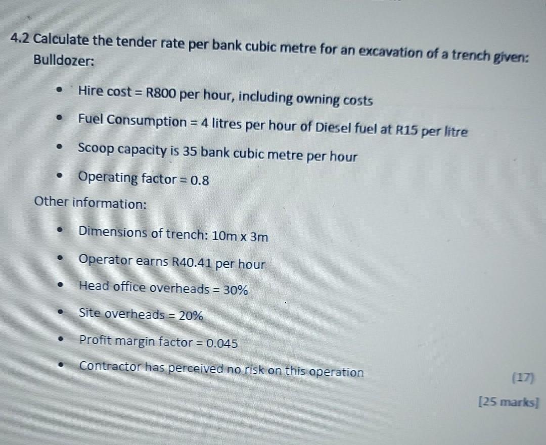 Solved 4.2 Calculate the tender rate per bank cubic metre | Chegg.com