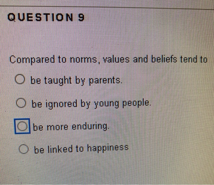 Solved QUESTION 9 Compared to norms, values and beliefs tend | Chegg.com