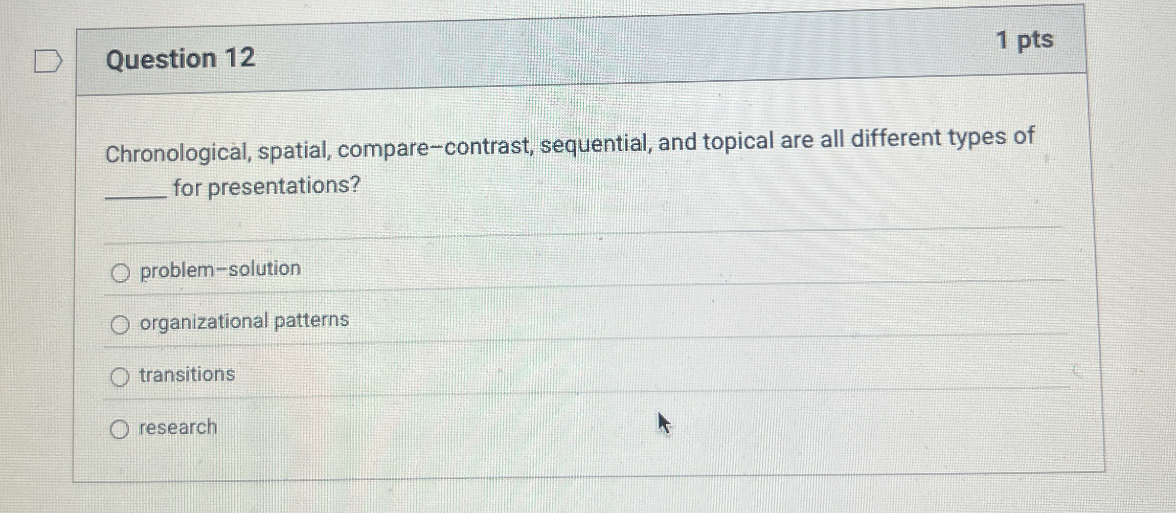 Solved Question 12Chronological, spatial, compare-contrast, | Chegg.com