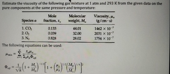 Solved Estimate the viscosity of the following gas mixture | Chegg.com