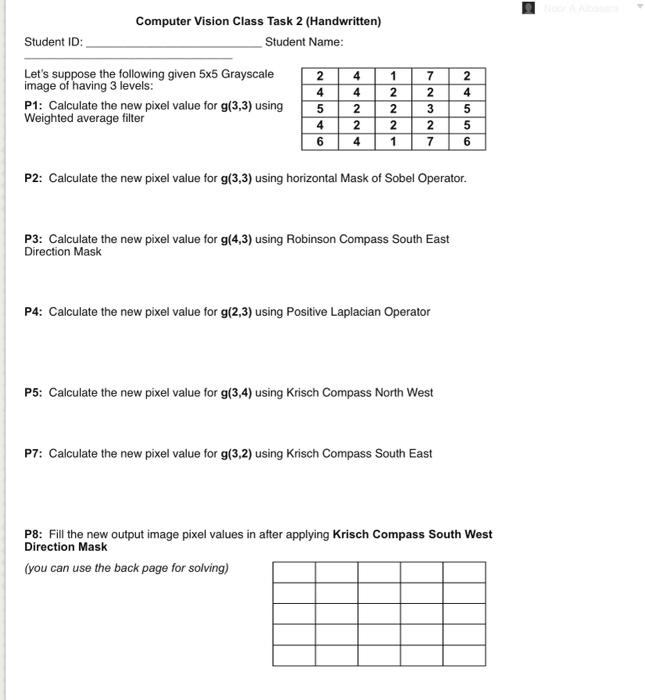Solved Computer Vision Class Task 2 (Handwritten) Student | Chegg.com