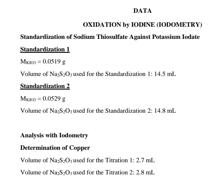 Solved DATA OXIDATION by IODINE (IODOMETR Standardization of | Chegg.com