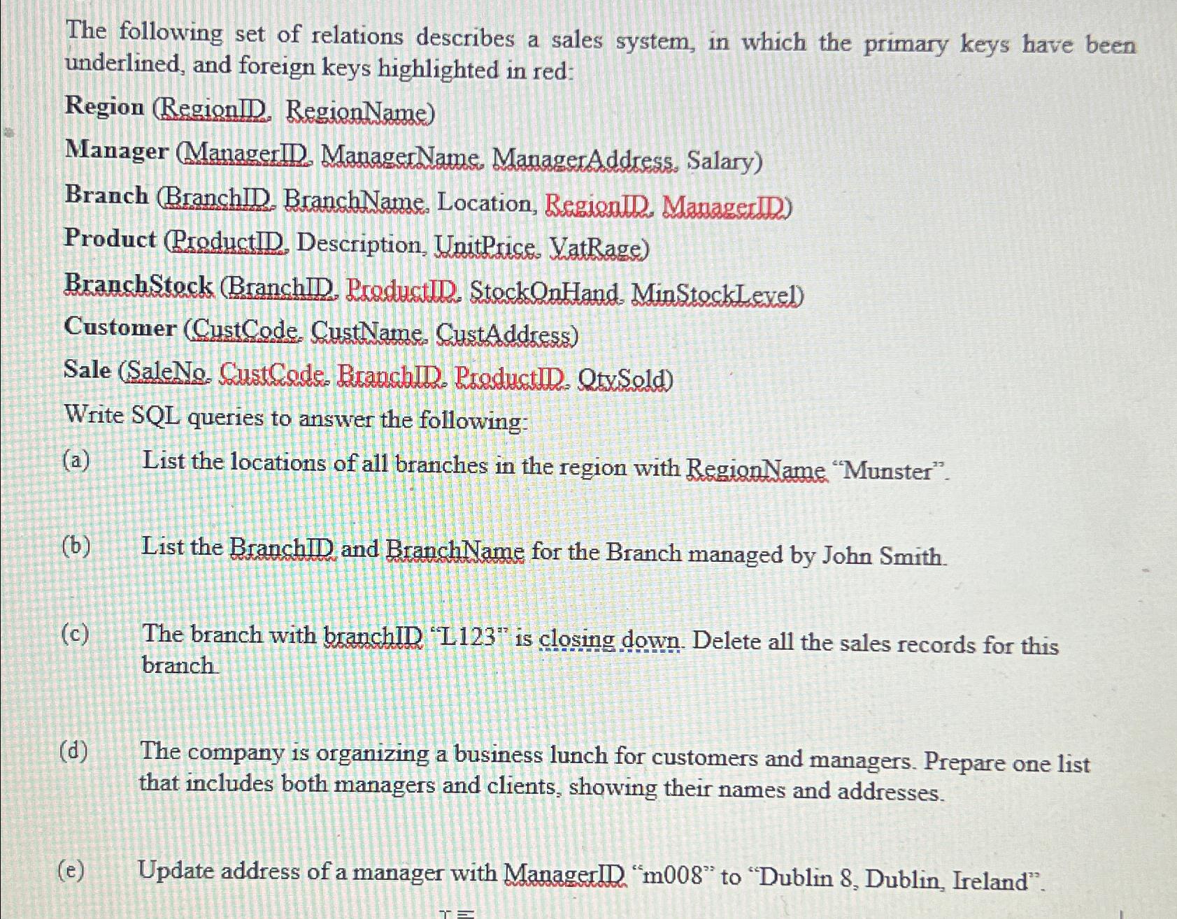 Solved The following set of relations describes a sales | Chegg.com