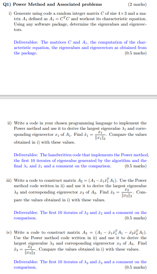 Solved Q1) Power Method and Associated problems\\ni) | Chegg.com