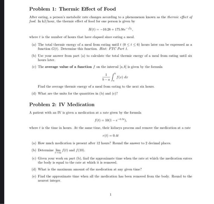 Solved Problem 1: Thermic Effect of Food After eating, a | Chegg.com