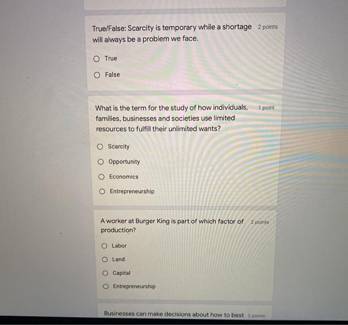 Solved True/False: Scarcity is temporary while a shortage 2 | Chegg.com