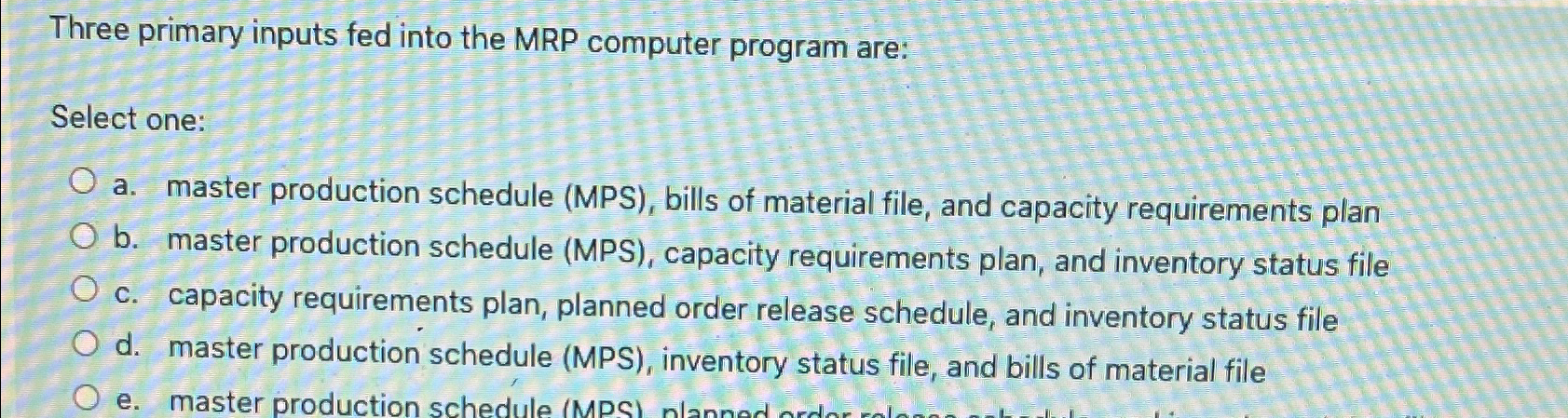 Solved Three primary inputs fed into the MRP computer | Chegg.com