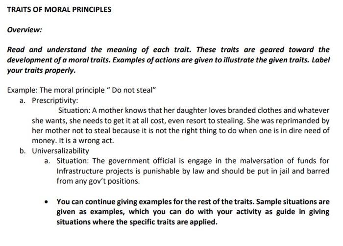 TRAITS OF MORAL PRINCIPLES Overview: Read and | Chegg.com