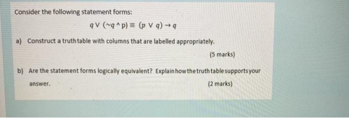 Solved Consider the following statement forms: qv (~^p) = (p | Chegg.com
