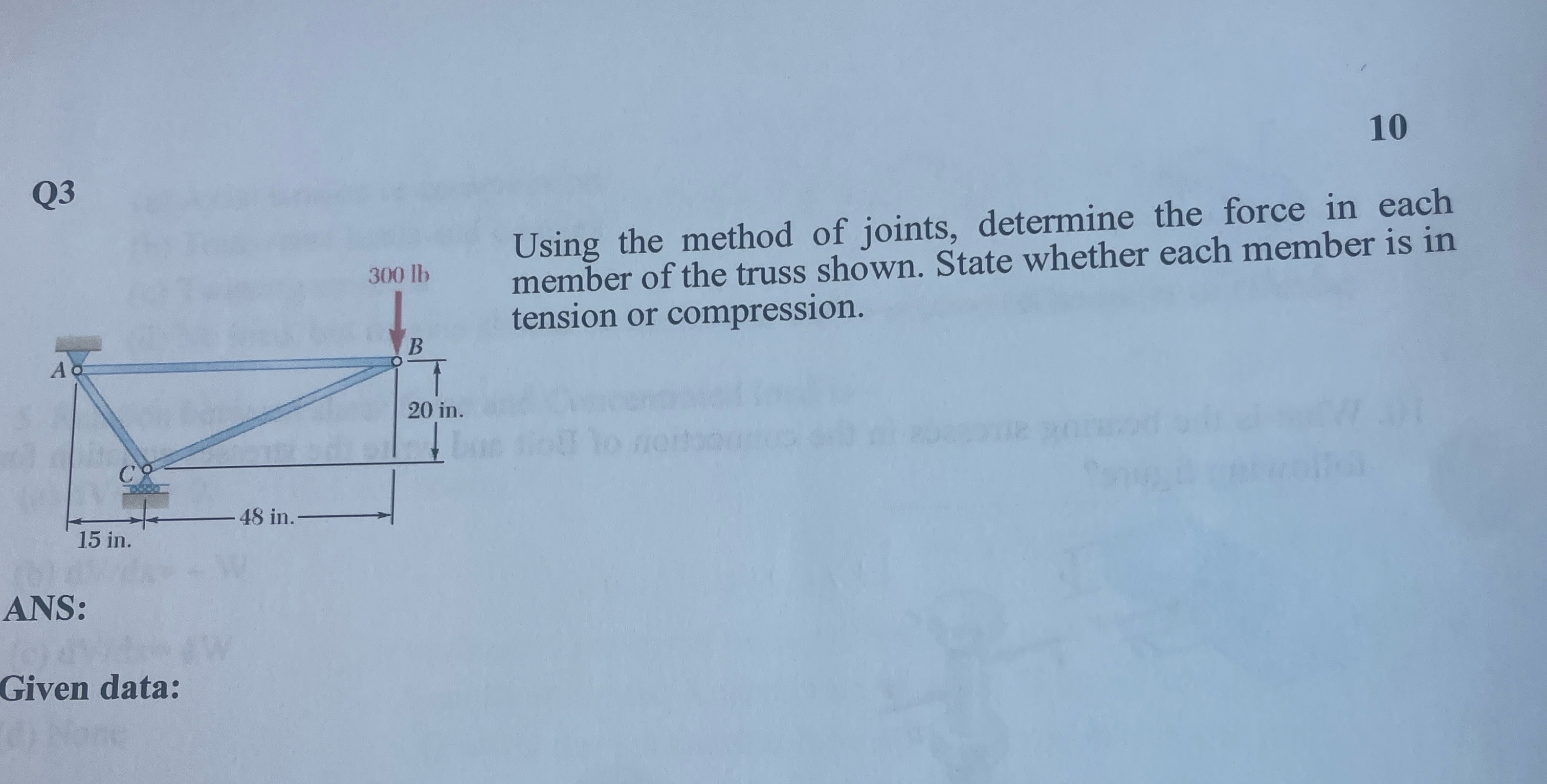 Solved 10Q3Using the method of joints, determine the force | Chegg.com