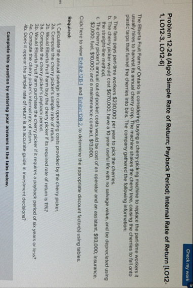 Solved Problem 12-24 (Algo) ﻿Simple Rate of Return; Payback | Chegg.com