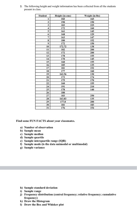 Solved 2. The following height and weight information has | Chegg.com