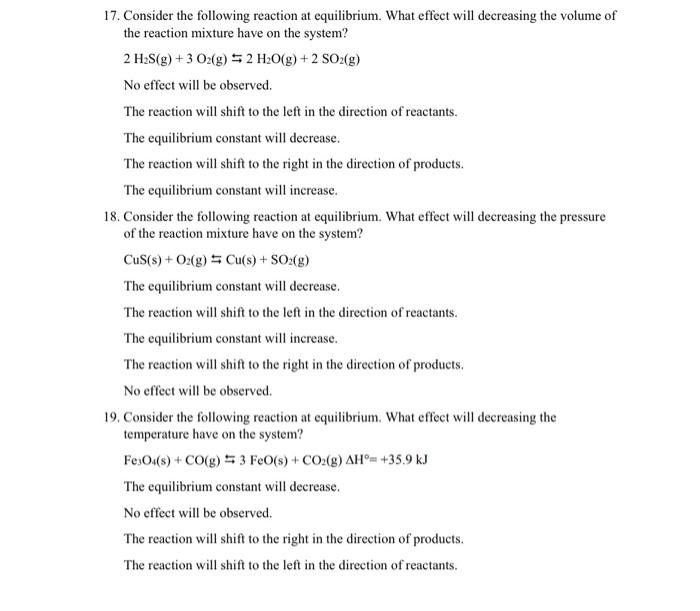 Solved 17. Consider the following reaction at equilibrium. | Chegg.com