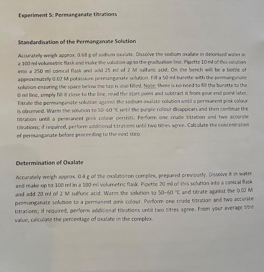 Solved The average titre for the determination of Oxalate is | Chegg.com