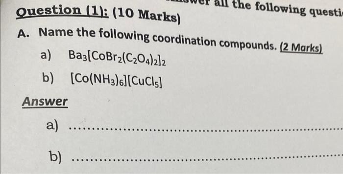 Solved Question (1): (10 Marks) A. Name the following | Chegg.com