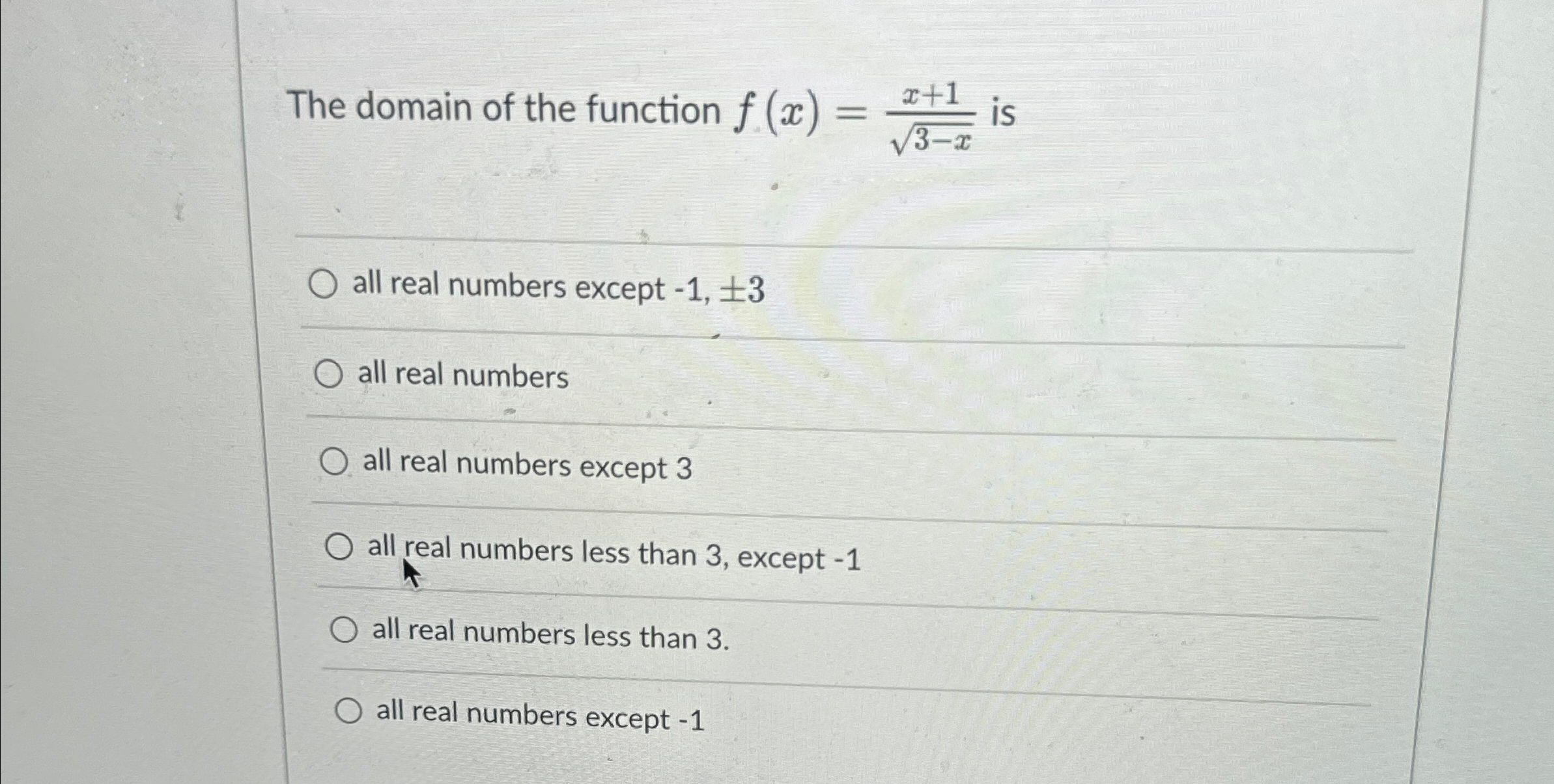 Solved The domain of the function f(x)=x+13-x2 ﻿isall real | Chegg.com