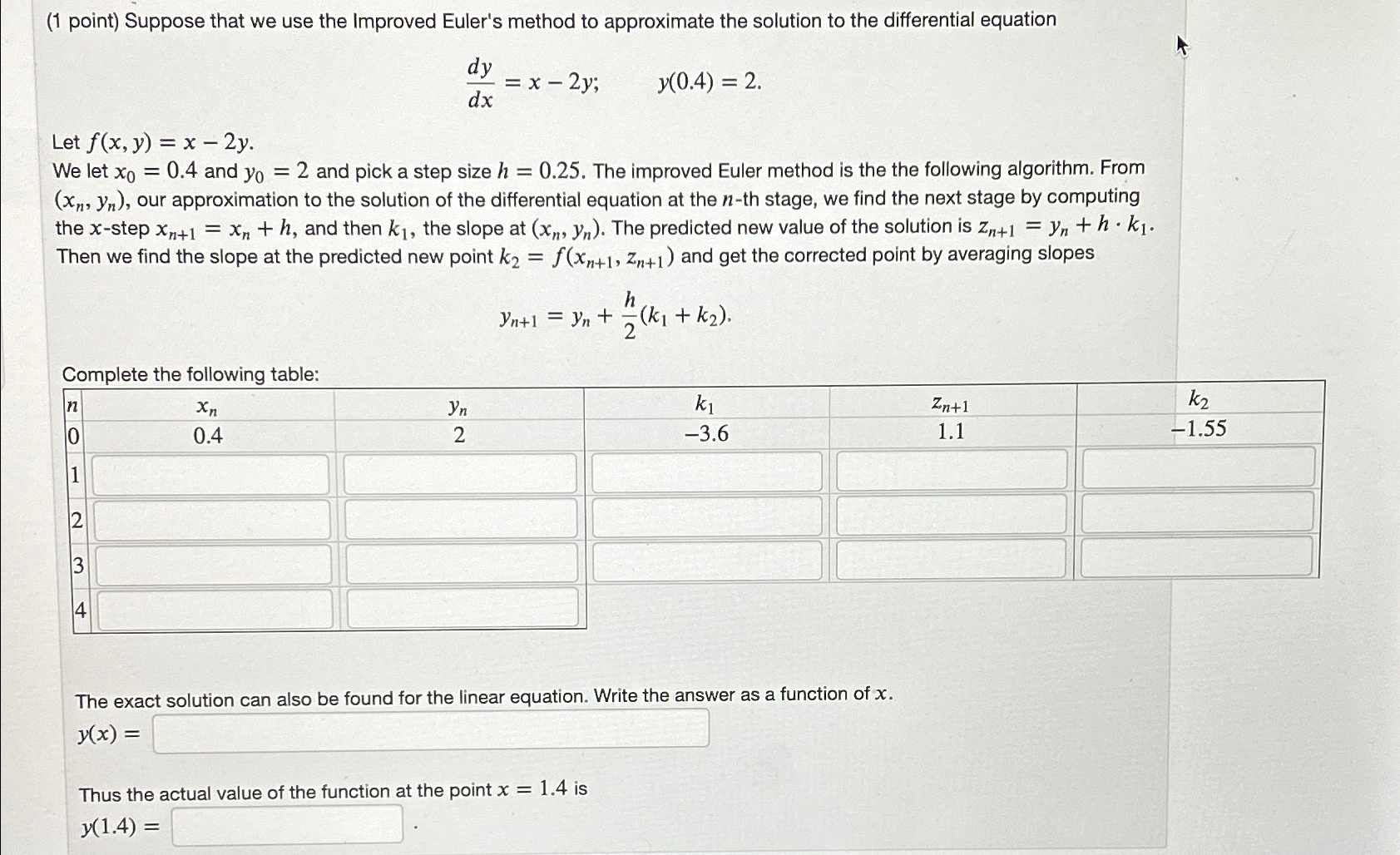 Solved (1 ﻿point) ﻿Suppose that we use the Improved Euler's | Chegg.com