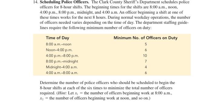 Solved 14. Scheduling Police Officers. The Clark County | Chegg.com