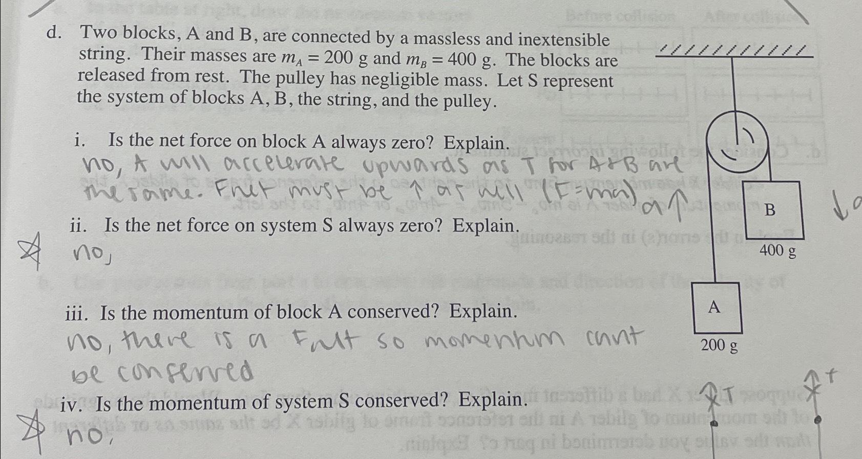 Solved d. ﻿Two blocks, A and B, ﻿are connected by a massless | Chegg.com