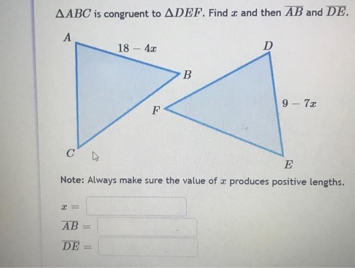 Solved ABC is congruent to DEF. Find x and then AC and DE. | Chegg.com