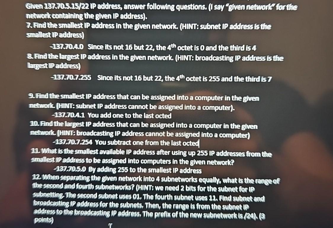 Solved Given 137.70.5:15/22 ﻿IP address, answer following | Chegg.com
