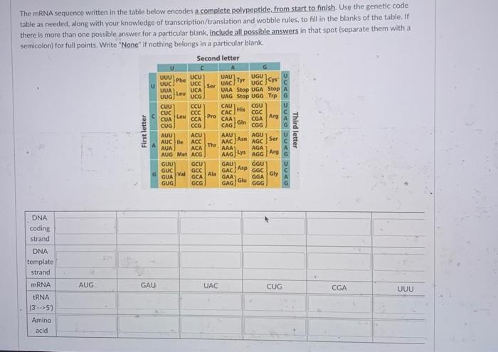 Solved The mRNA sequence written in the table below encodes | Chegg.com