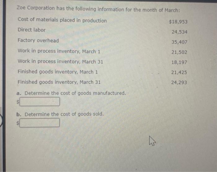 Solved Zoe Corporation has the following information for the | Chegg.com
