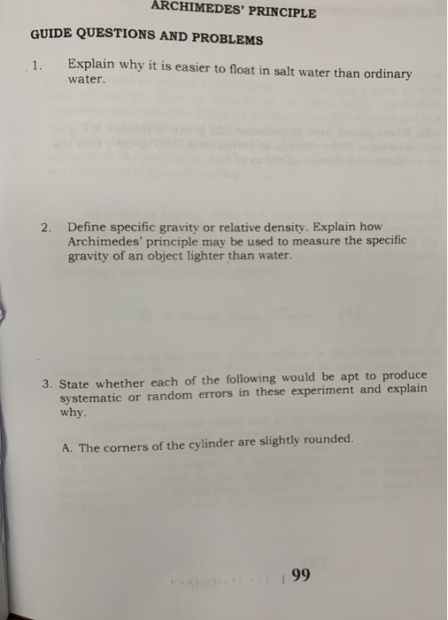 Solved ARCHIMEDES' PRINCIPLE GUIDE QUESTIONS AND PROBLEMS 1. | Chegg.com