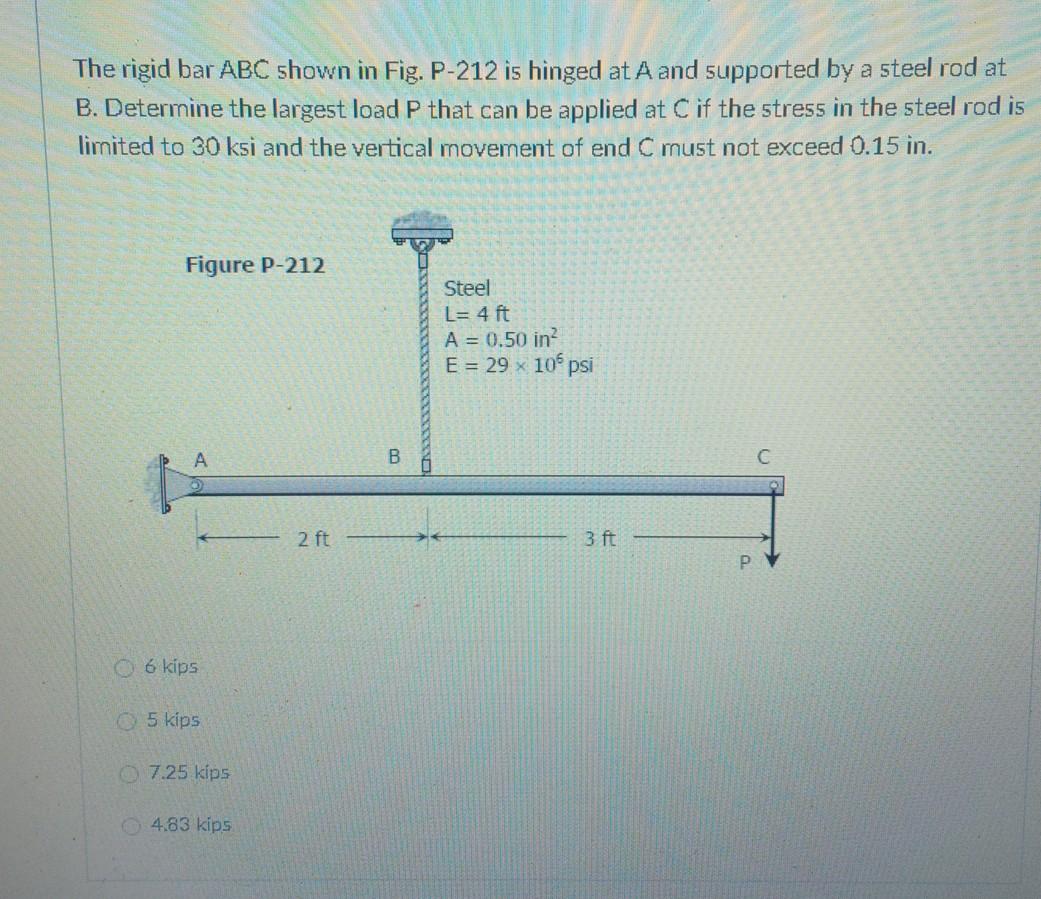 Solved The rigid bar ABC shown in Fig. P-212 is hinged at A | Chegg.com