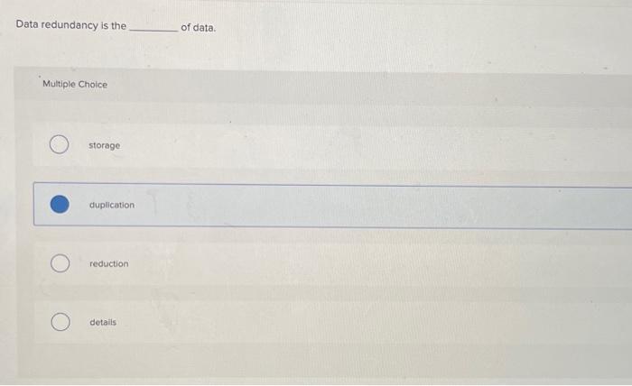 Solved Data redundancy is the of data. Multiple Choice | Chegg.com