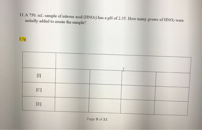 Solved 11. A 750 mL sample of nitrous acid (HNO2) has a pH | Chegg.com